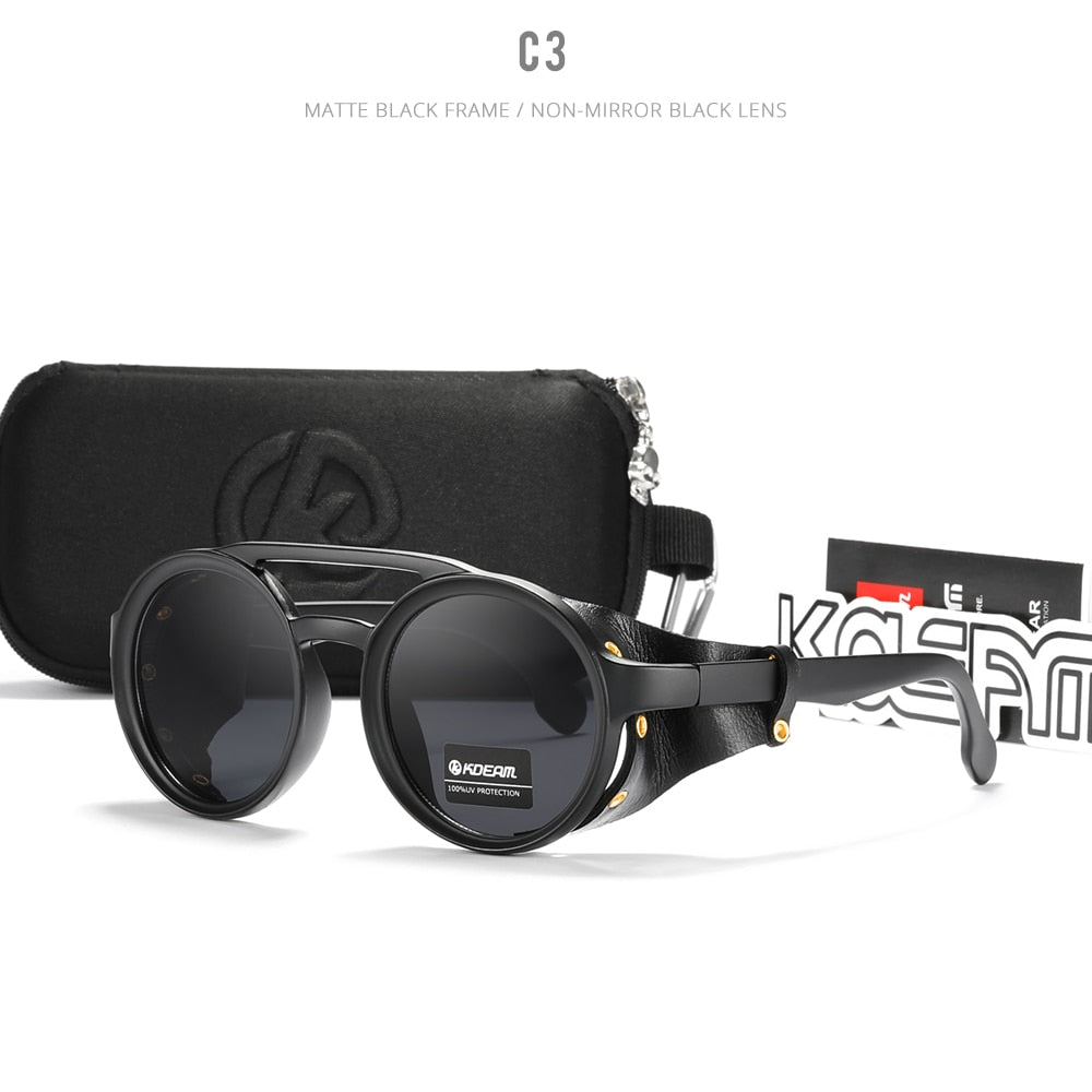 KDEAM Vintage Round Sunglasses Men Women Leather Shield Sun Glasses ...